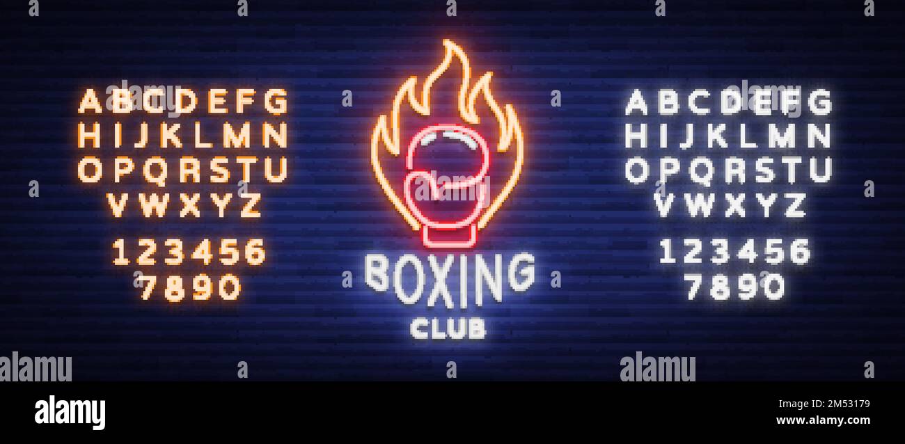 Boxing club logo in neon style, vector illustration. Emblem, neon sign ...