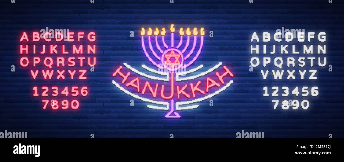 Vector background of Chanukah with menorah and star of David. Neon sign ...