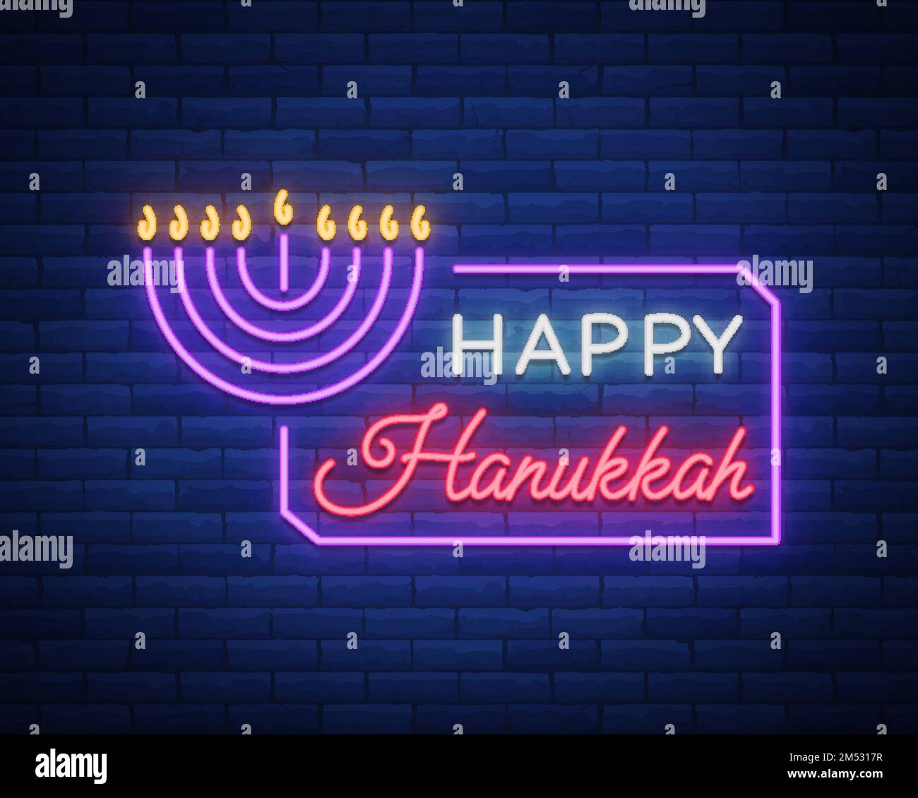 Vector background of Chanukah with menorah and star of David. Neon sign ...