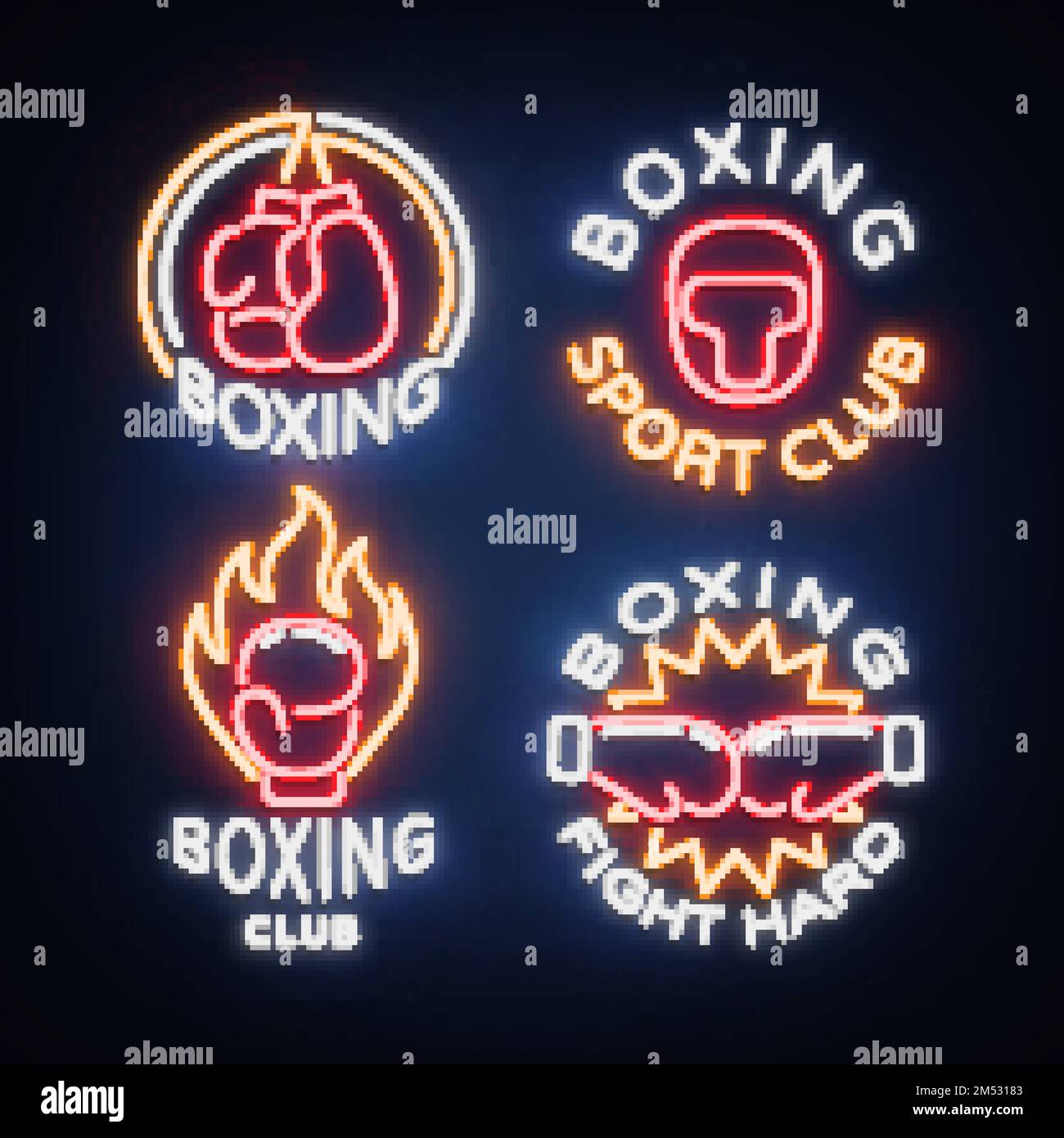 Boxing Sports Club set of logos in a neon style, vector illustration ...