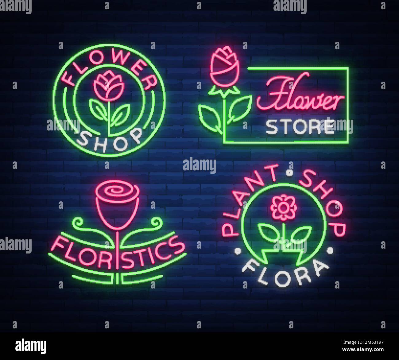 Set of neon logos Flower shop, Plants, Florist, Flora emblem ...