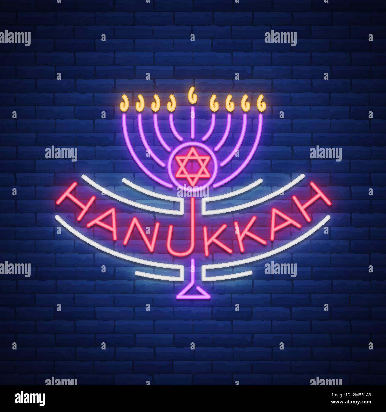 Vector background of Chanukah with menorah and star of David. Neon sign ...