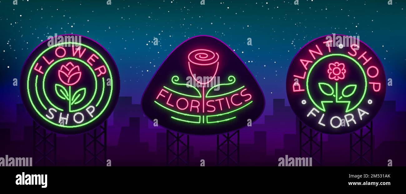 Set of neon logos Flower shop, Plants, Florist, Flora emblem ...