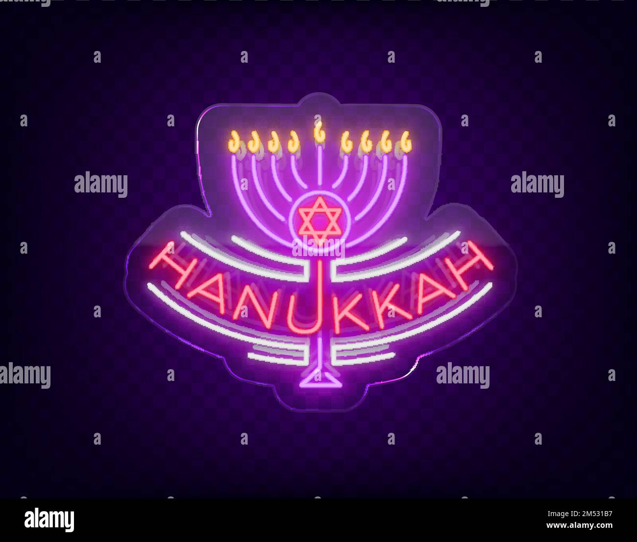 Vector background of Chanukah with menorah and star of David. Neon sign ...