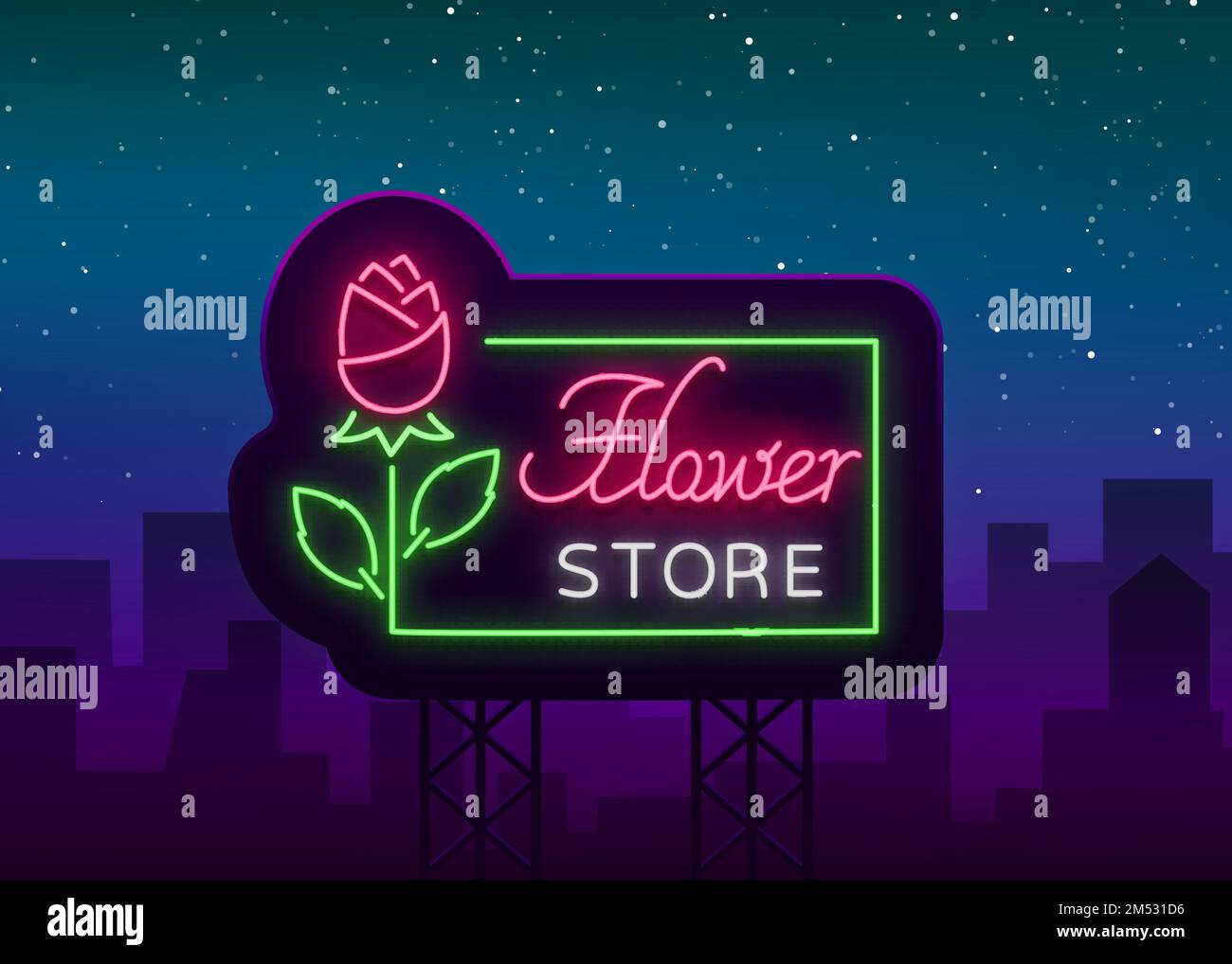 Flower store logo, neon sign. Flower shop. Vector illustration on the ...