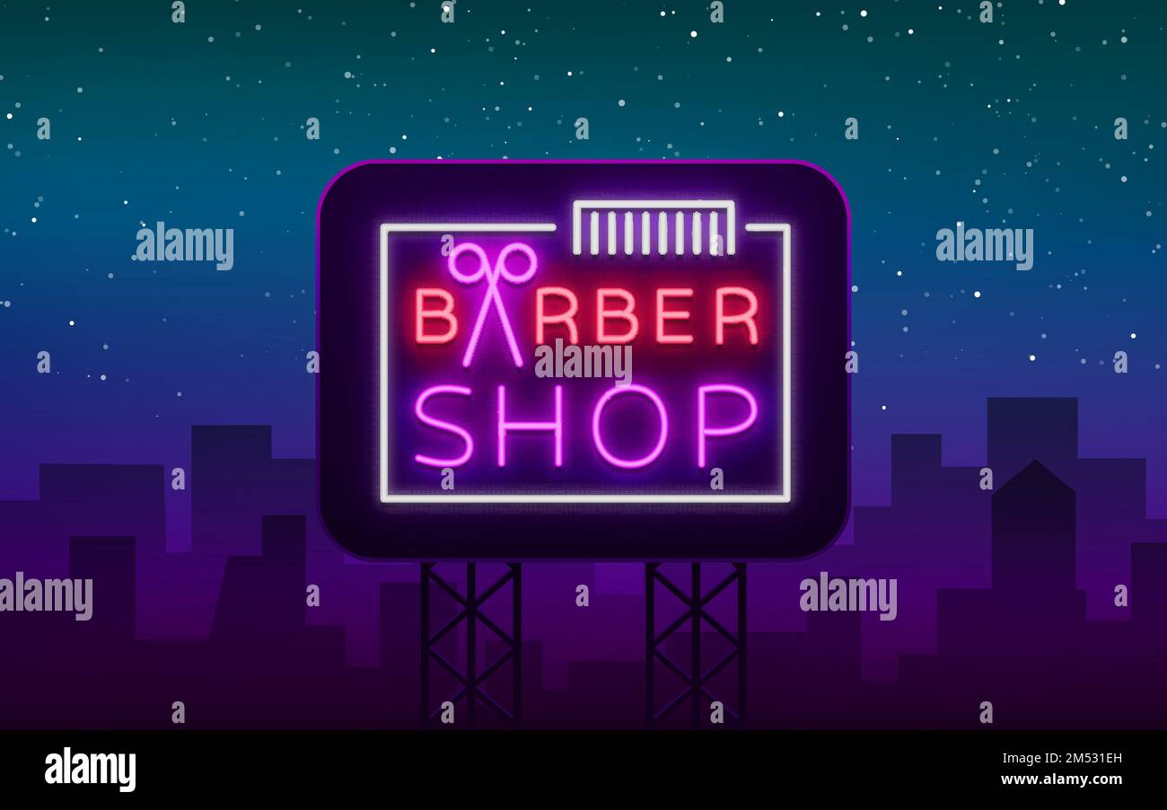 Barber shop logo neon sign, logo design elements. Can be used as a ...