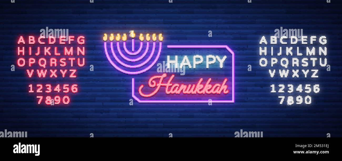 Jewish holiday Hanukkah is a neon sign, a greeting card, a traditional ...