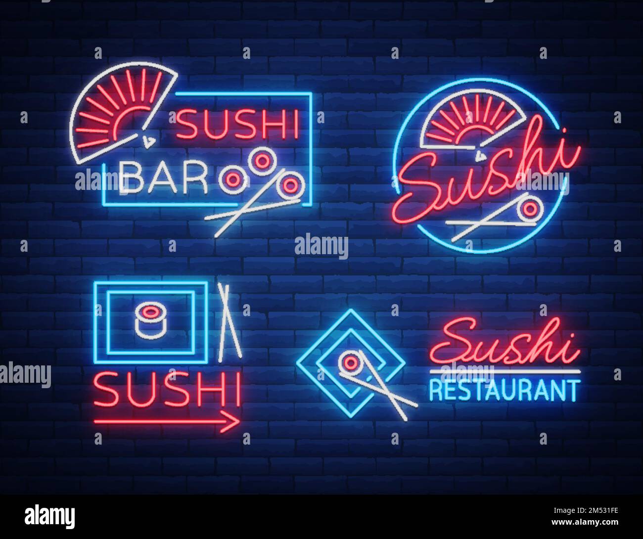 Set of logos, signs in neon style on sushi, Japanese food, seafood. A ...