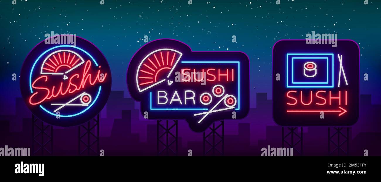 Set of logos, signs in neon style on sushi, Japanese food, seafood. A ...