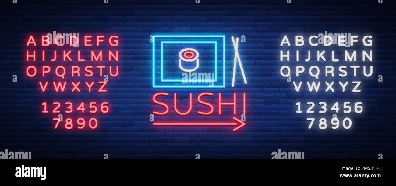 Vector neon sign logo Sushi bar, Asian fast-food street in a bar or ...