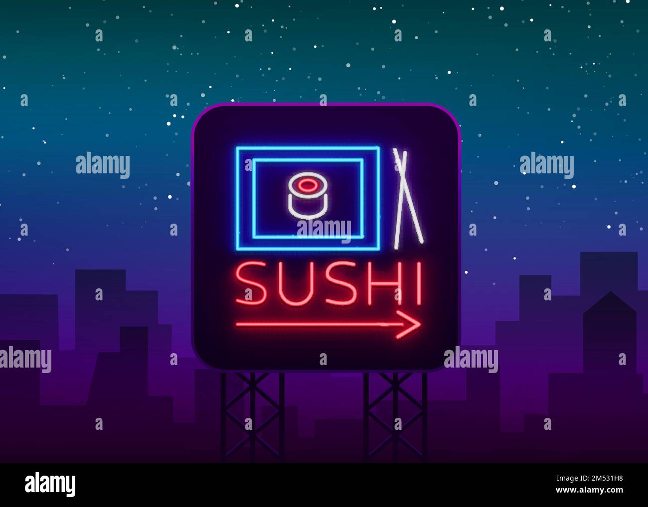 Sushi logo in neon style. Bright neon sign with text is isolated ...