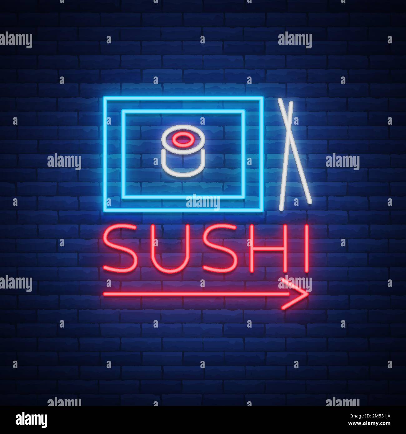 Sushi logo in neon style. Bright neon sign with text is isolated ...
