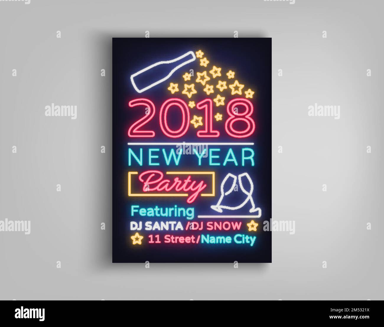 Happy New Year 2018 Poster Vector Illustration. Neon sign, luminous ...