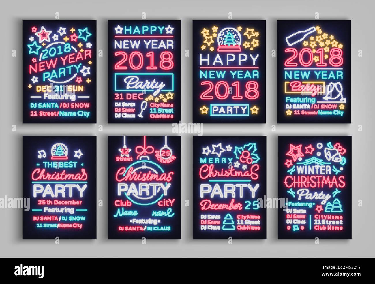 Happy Christmas and New Year 2018 set of posters vector illustration ...