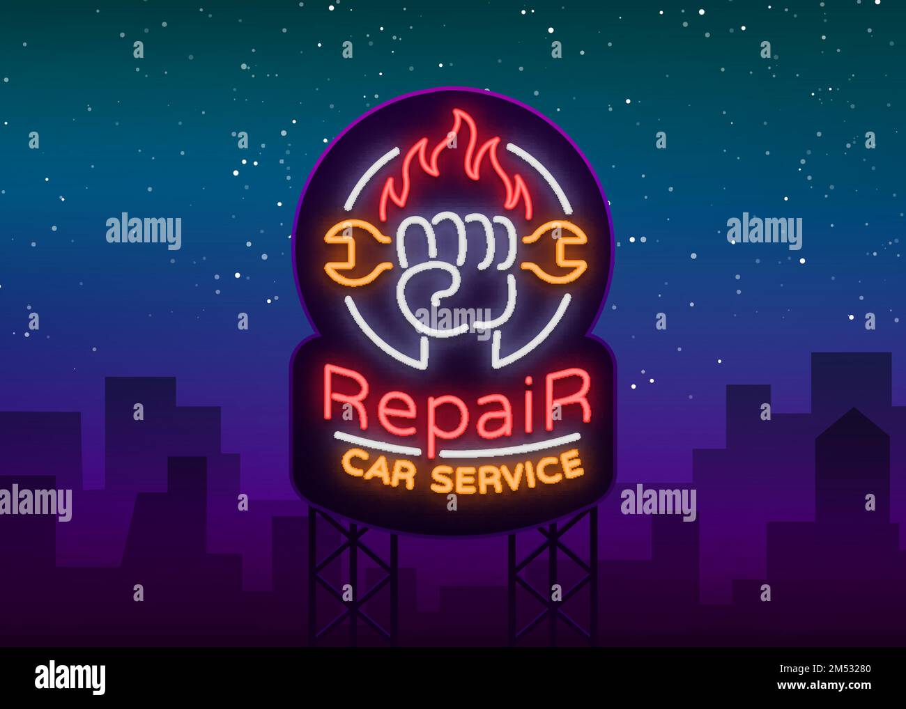 Car service repair logo vector, neon sign emblem. Vector illustration ...