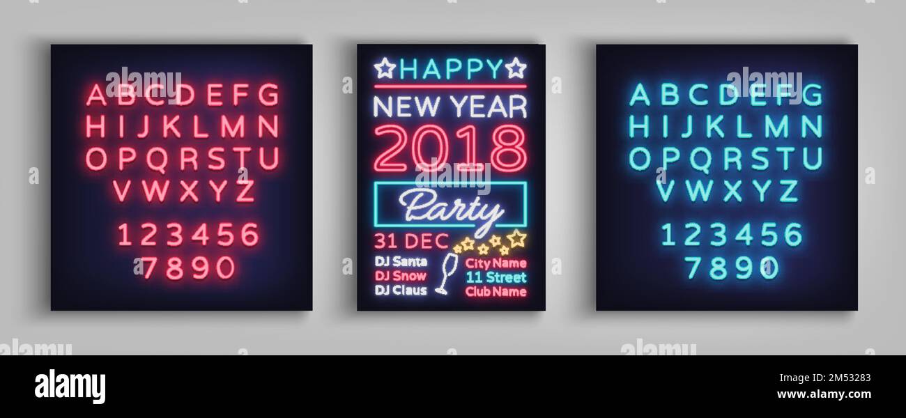New Year 2018 party poster in neon style. Happy New Year. Invitation ...