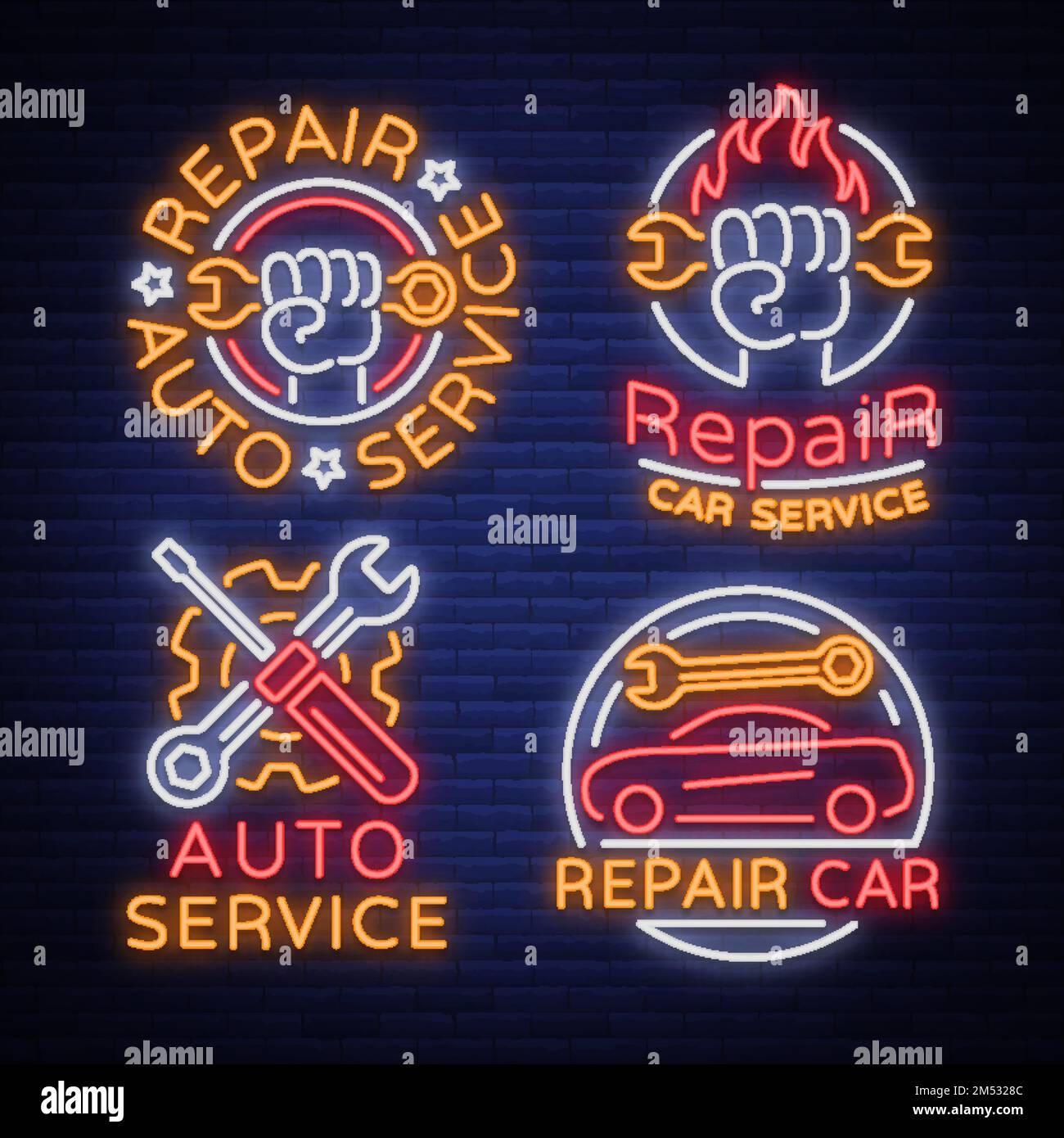 Auto service repair collection of logo in neon style. Set of neon sign ...