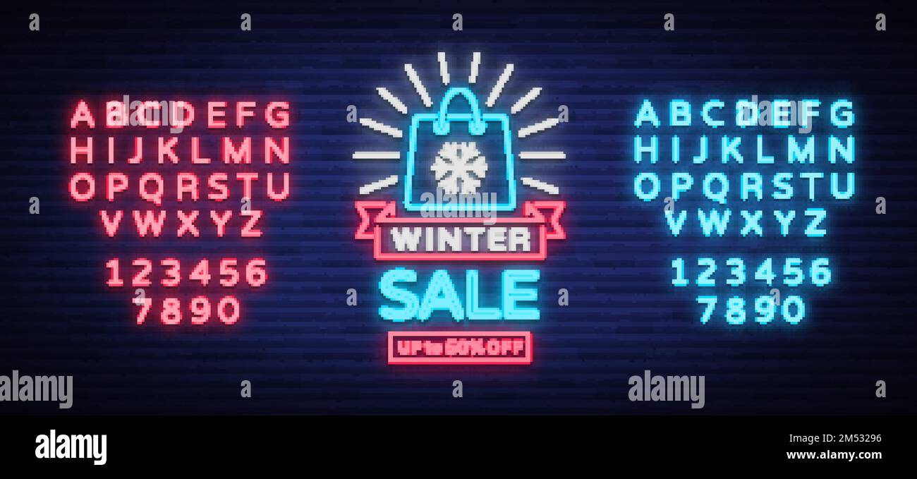 Winter sale of a poster in a neon style. Neon sign, bright flyer ...
