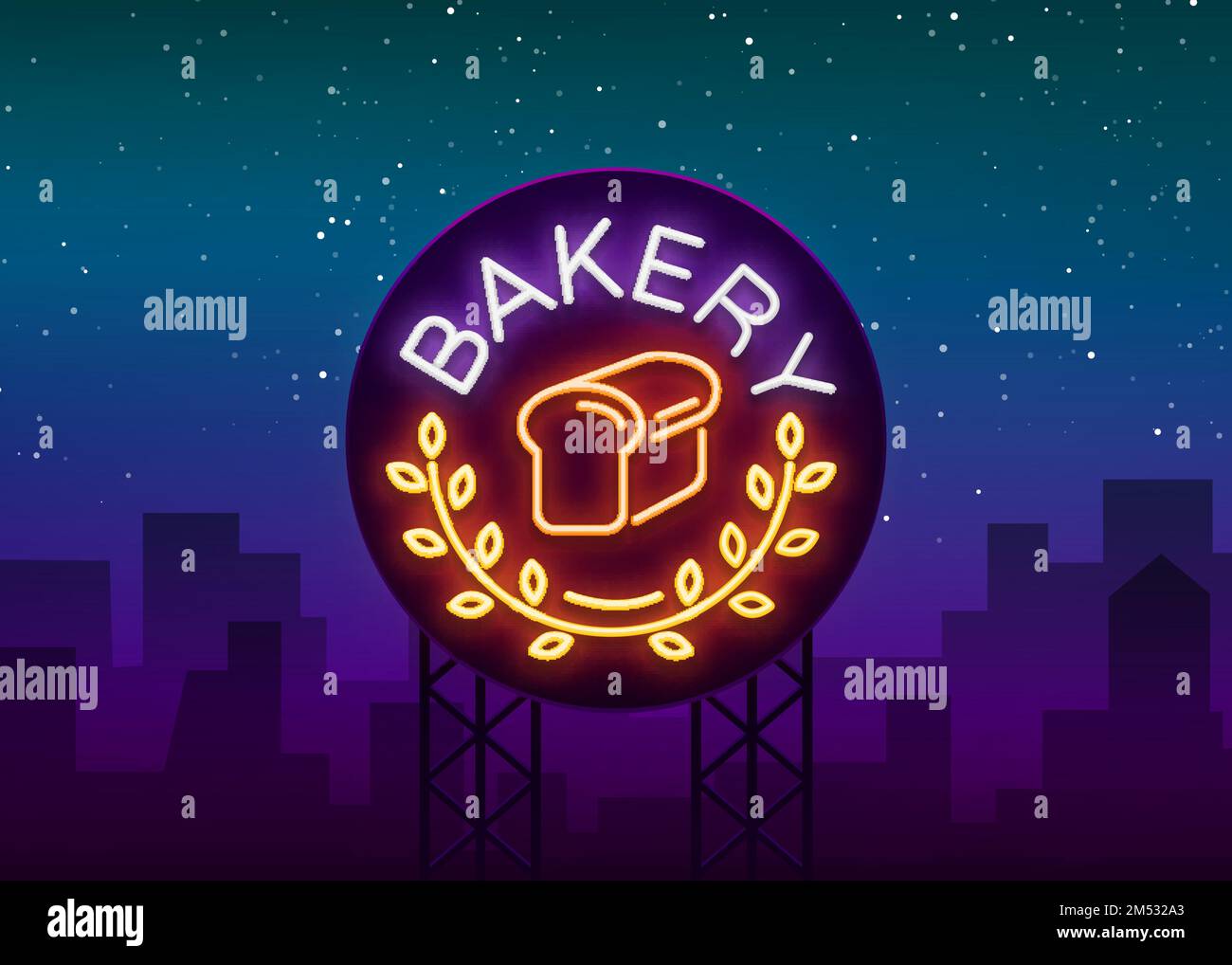 Bakery logo is a neon sign. Vector illustration on the topic of fresh ...