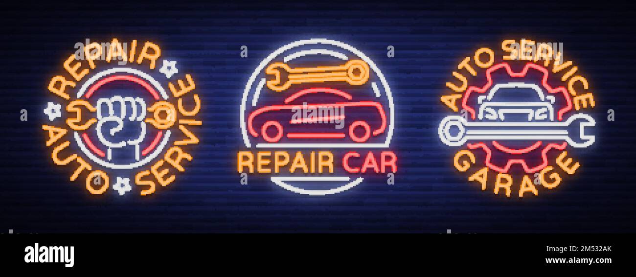 Car service repairs a set of vector logos, a neon sign emblem. Vector ...