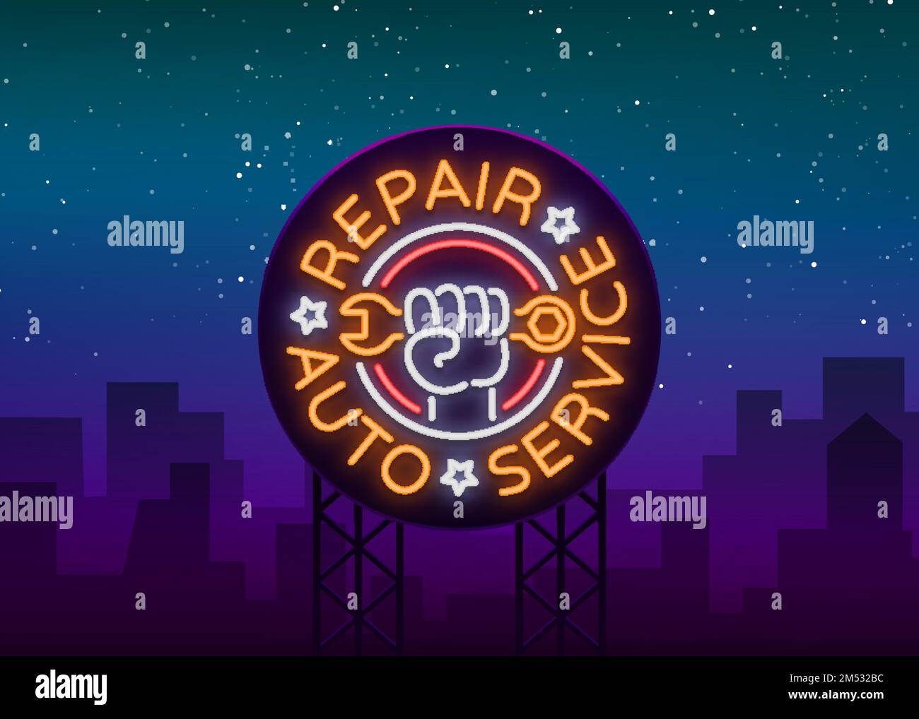 Auto service repair logo in neon style. Neon sign, a symbol on the ...
