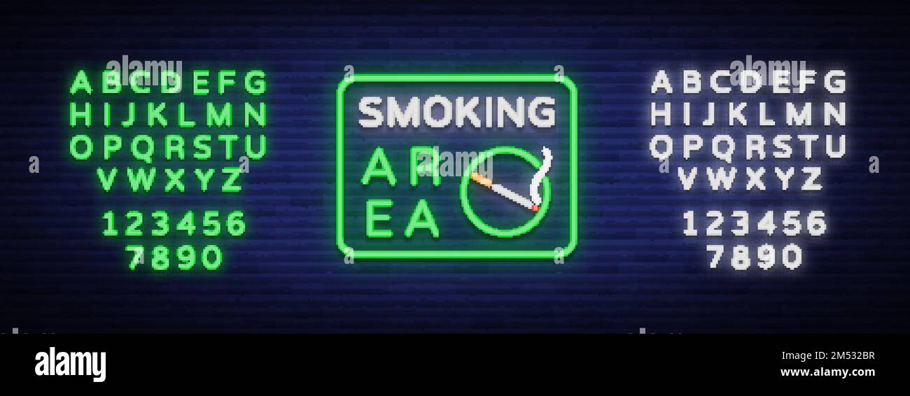 Smoking area is a vector neon sign. Neon symbol, a luminous sign is a ...