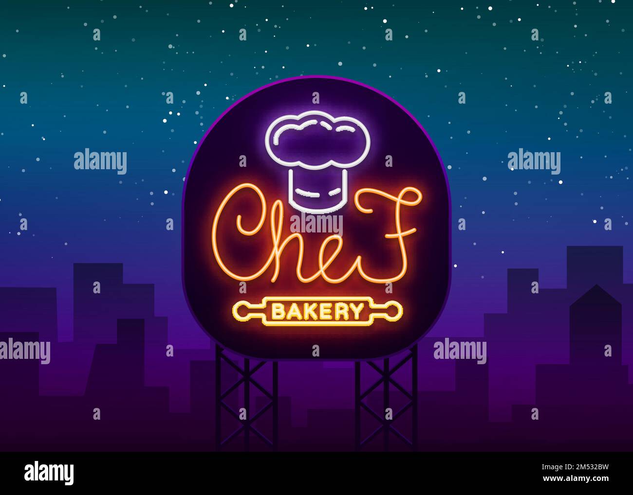 Bakery products logo, fresh bread, loaf. Neon sign, bright banner ...