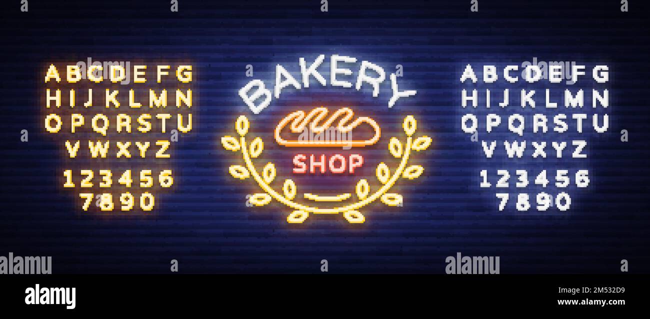Bakery products logo, fresh bread, loaf. Neon sign, bright banner ...