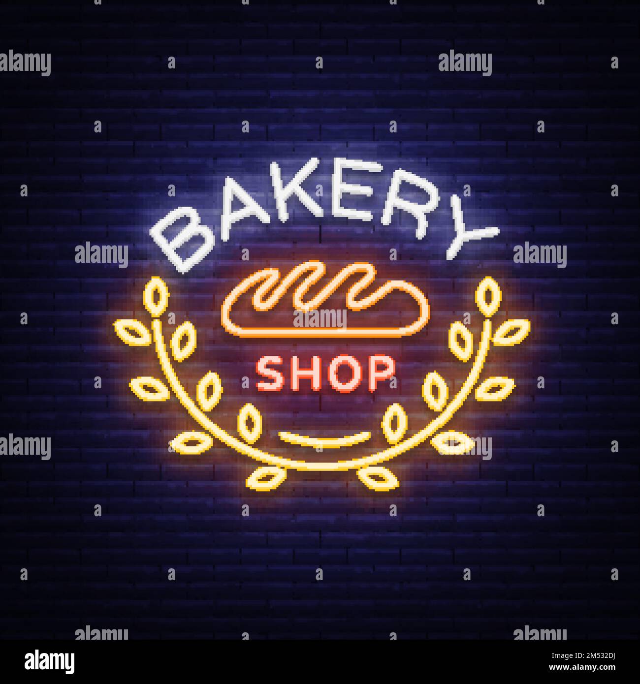 Bakery products logo, fresh bread, loaf. Neon sign, bright banner ...