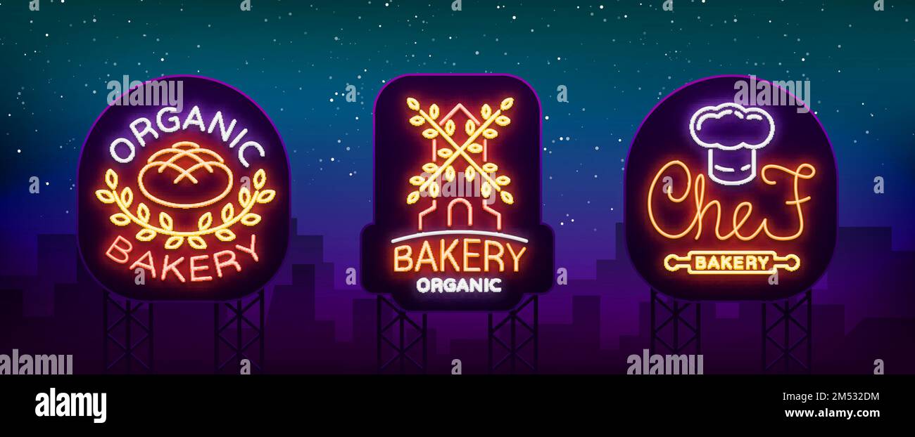 Bakery Collection of logos in neon style. Vector illustration on the ...