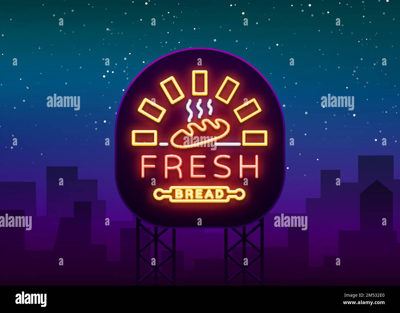 Bakery products logo, fresh bread, loaf. Neon sign, bright banner ...