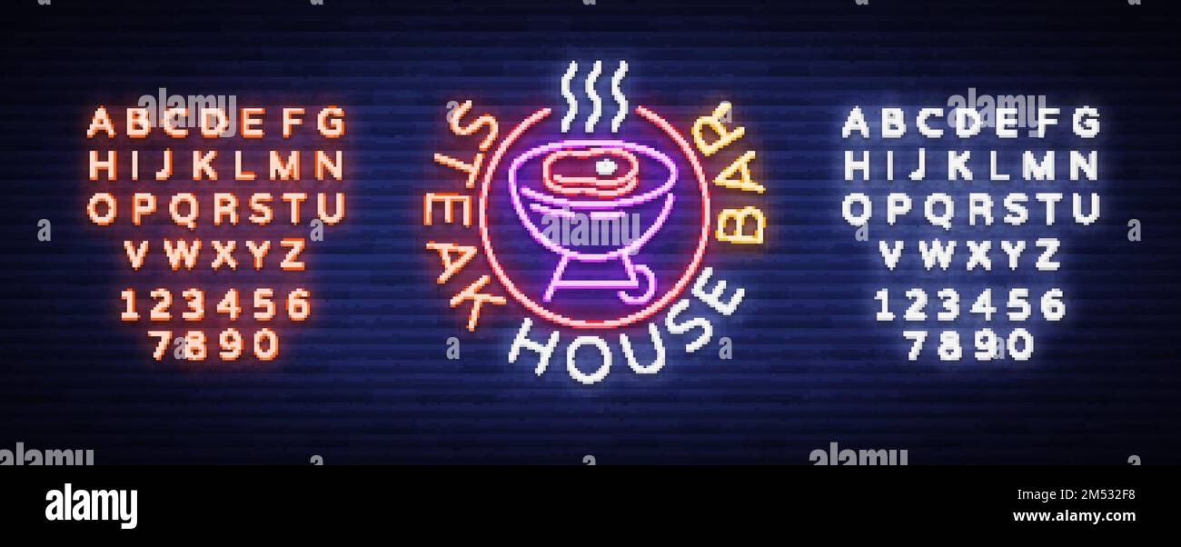 Steak House Logo Vector. Neon sign, symbol, bright advertising barbecue ...