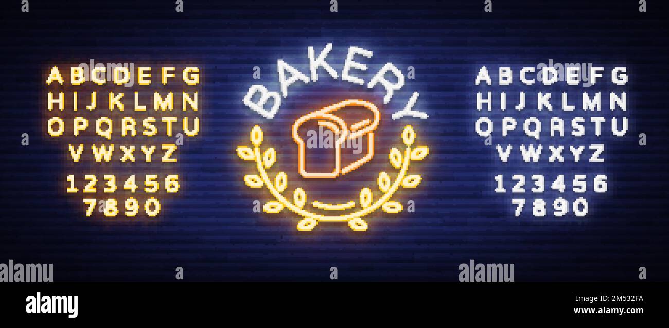 Bakery logo is a neon sign. Vector illustration on the topic of fresh ...