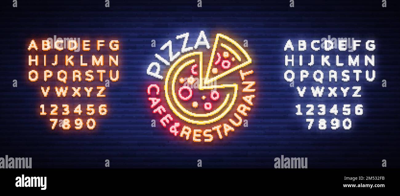 Pizza logo in neon style. Neon sign, emblem on Italian food. Pizza cafe ...
