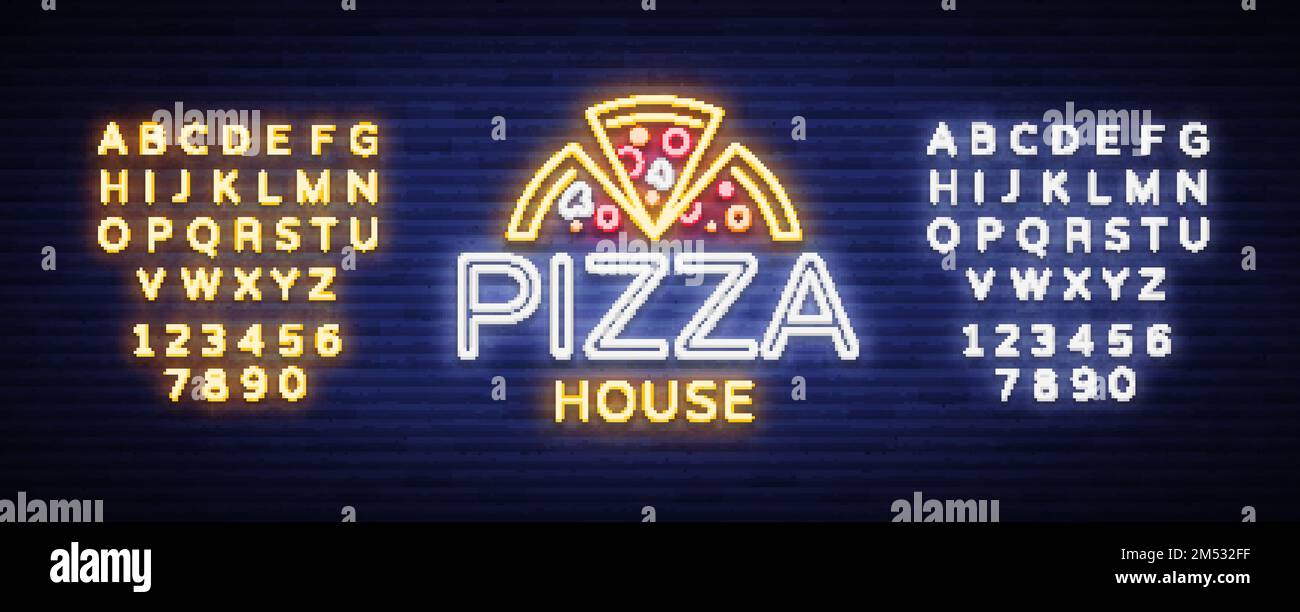 Pizza logo emblem neon sign. Logo in neon style, bright neon sign with ...