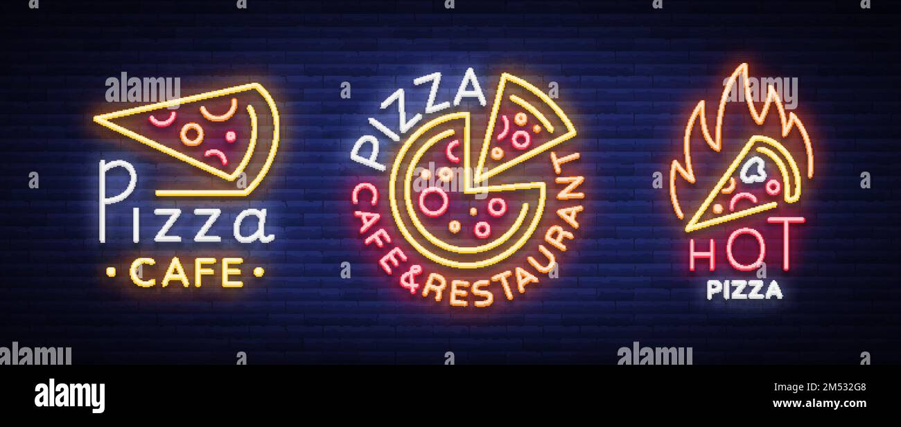 Pizza collection of neon signs vector. Set neon logos Pizzeria, emblems ...