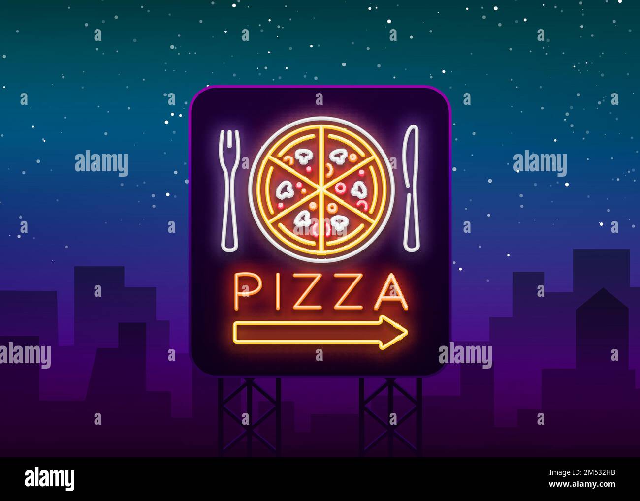 Pizza logo in neon style. Neon sign, emblem on Italian food. Pizza cafe ...