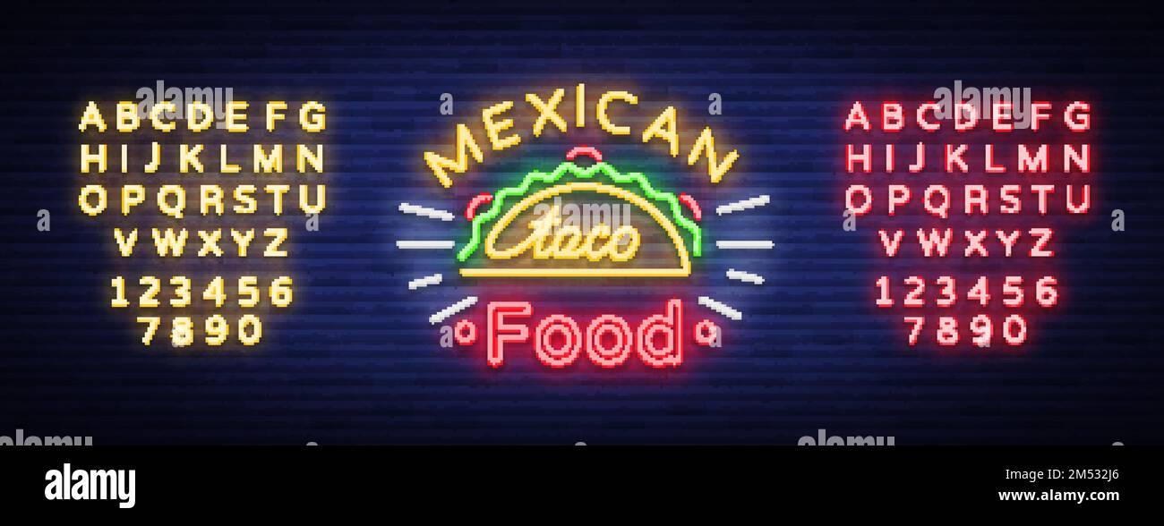 Tacos logo in neon style. Neon sign, bright billboard, nightly ...