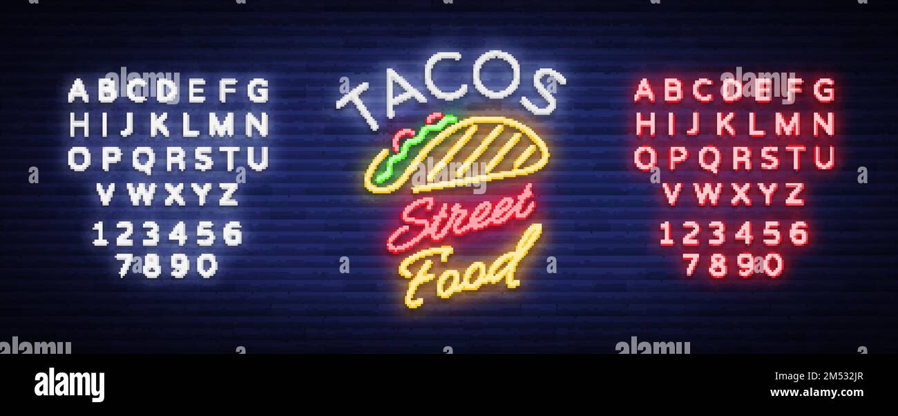 Tacos logo in neon style. Neon sign, bright billboard, nightly ...