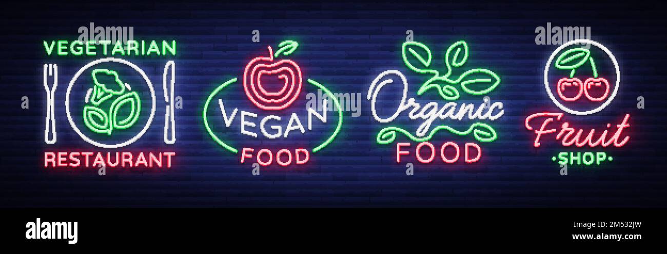 Vegan set of logos in a neon style. Collection of neon signs, a bright ...