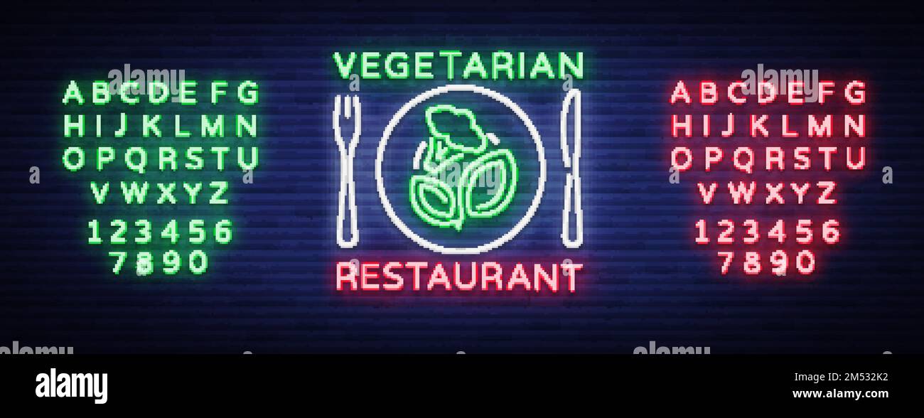 Vegetarian restaurant logo. Neon sign, vegan symbol, bright luminous ...