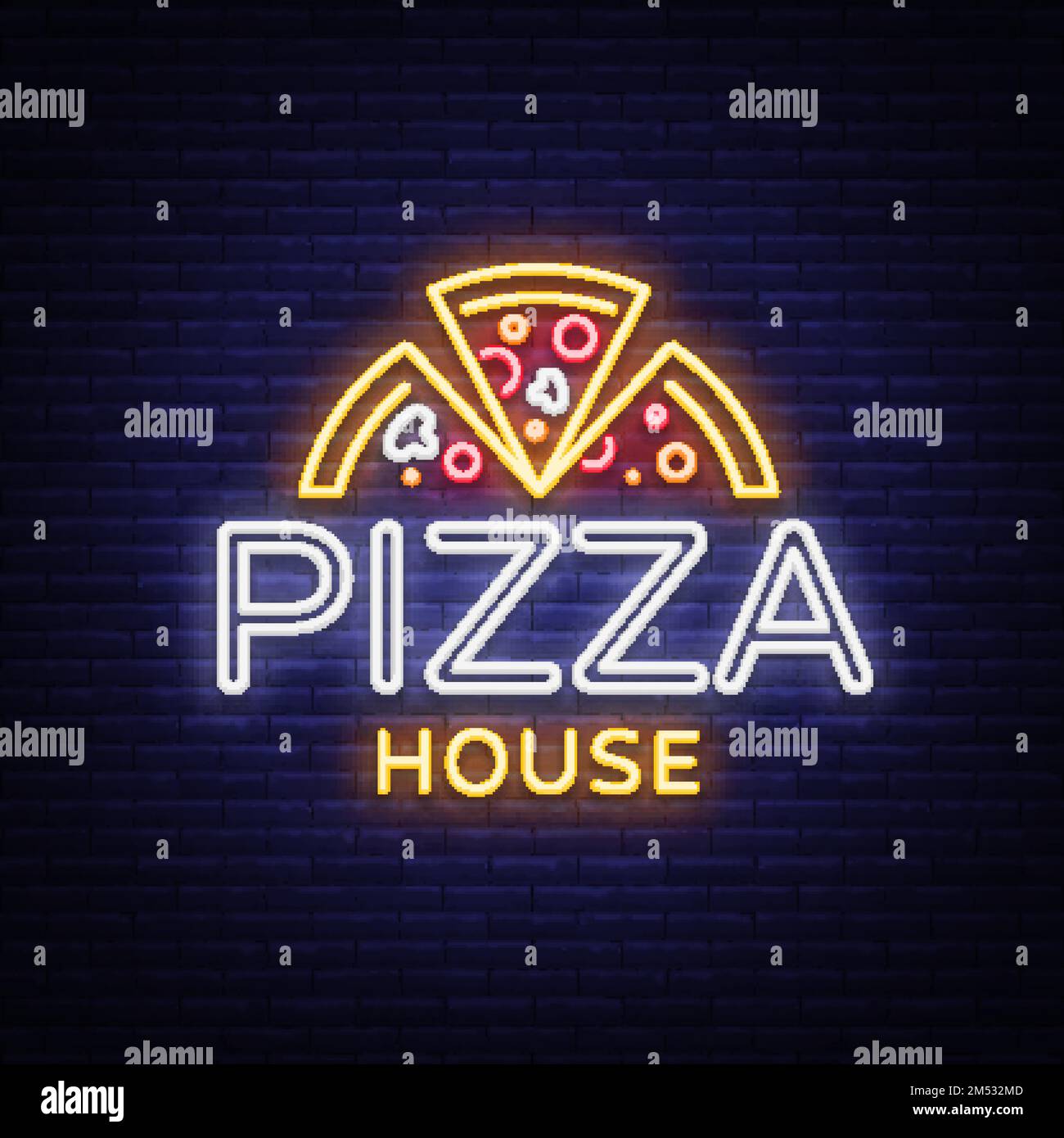 Pizza logo emblem, neon sign. Logo in neon style, bright neon sign with ...