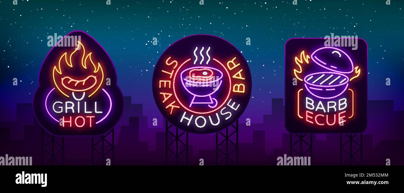 Grill is a set of neon-style logos. Vector illustration on the theme of ...