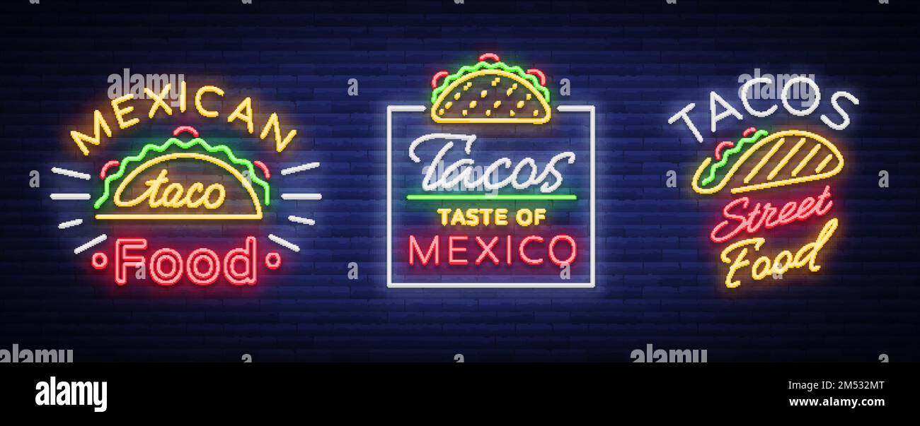Tacos set of neon-style logos. Collection of neon signs, symbols ...