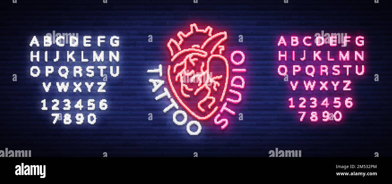 Tattoo studio logo, neon sign, symbol of human heart, bright billboards ...