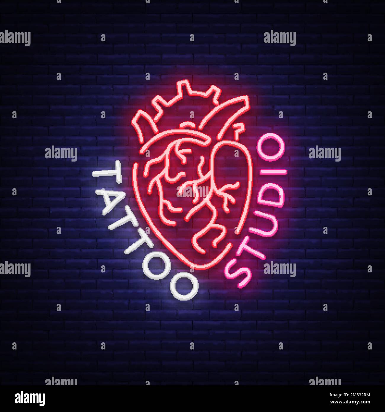 Tattoo studio logo, neon sign, symbol of human heart, bright billboards ...