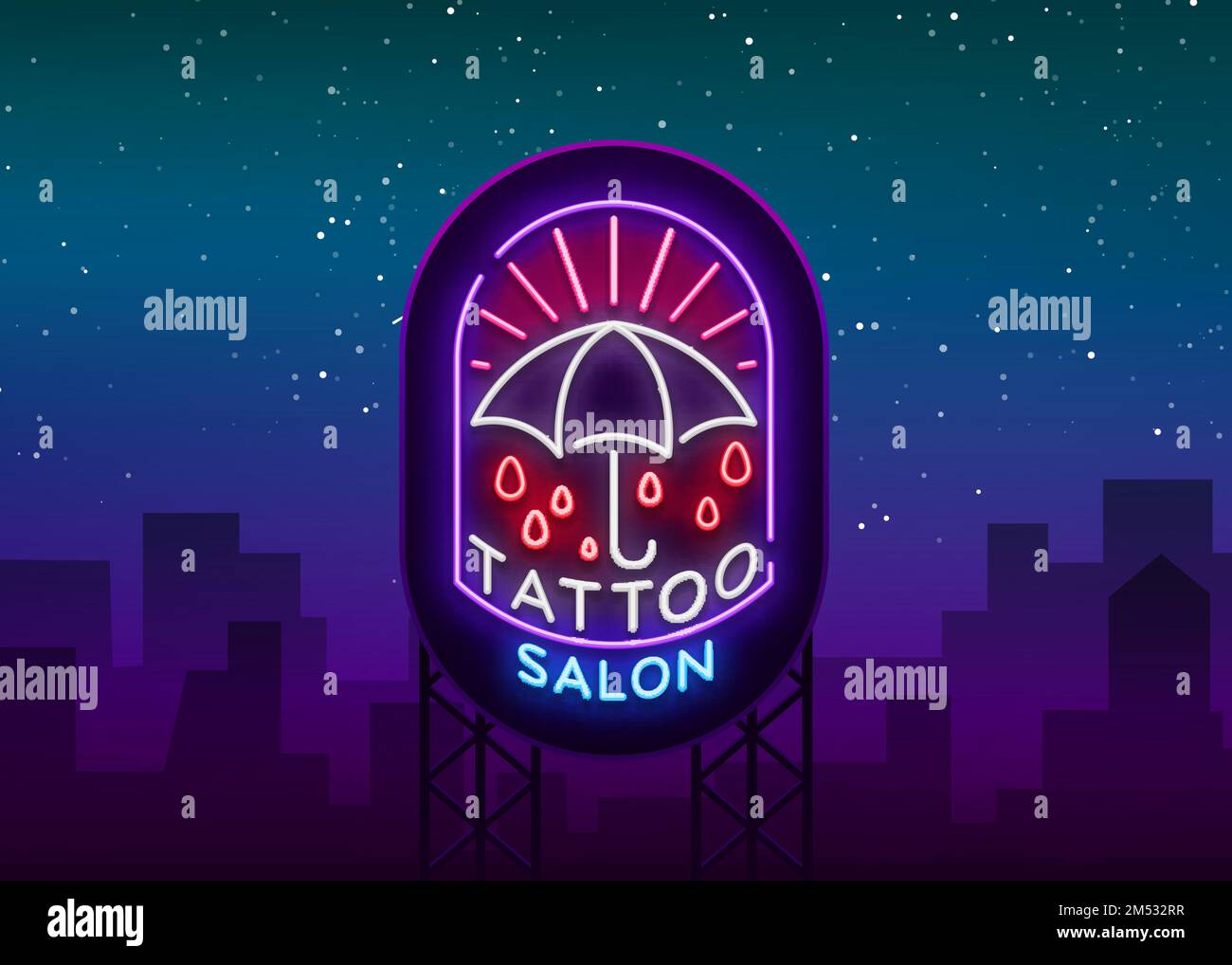 Tattoo salon logo in a neon style. Neon sign, emblem, umbrella symbol ...