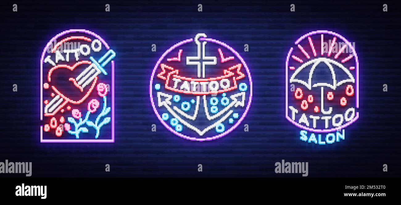 Tattoo parlor set of logos in neon style. Collection of neon signs ...