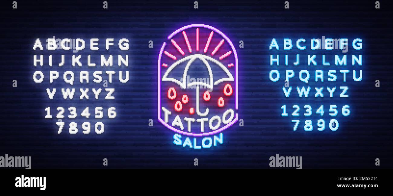 Tattoo salon logo in a neon style. Neon sign, emblem, umbrella symbol ...