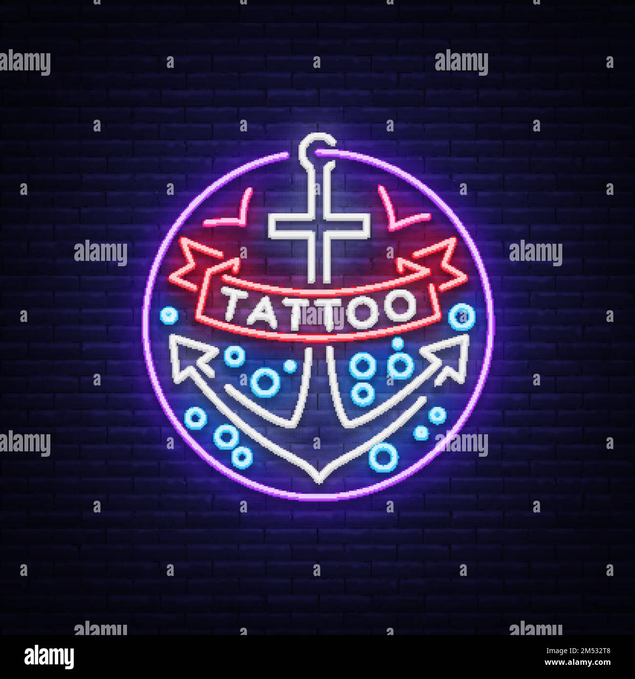 Tattoo salon logo in a neon style. Neon sign, emblem, anchor symbol ...